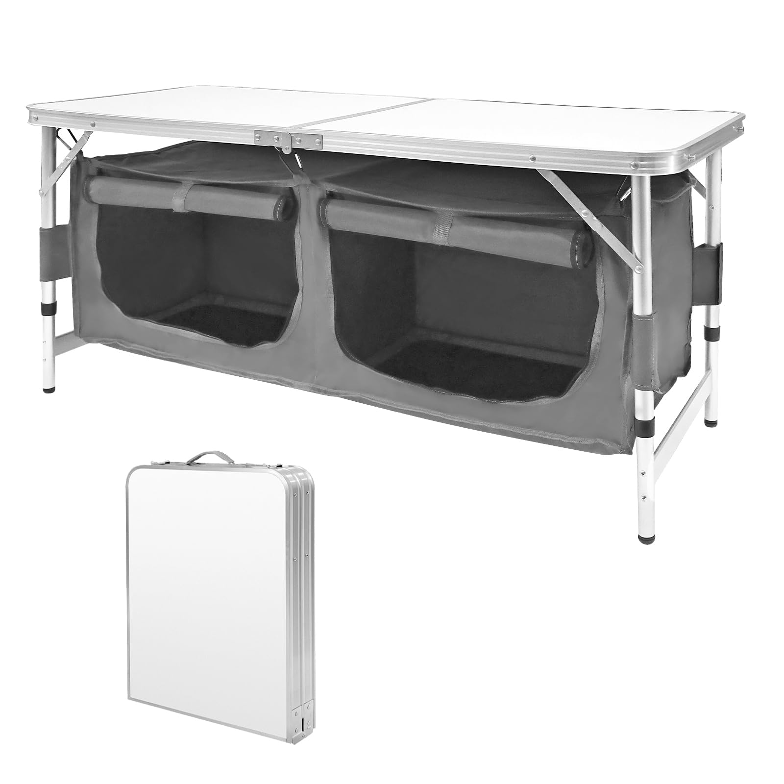 Moosinily Folding Camping Table 4 Ft Foldable Picnic Table 3 Height Adjustable Portable Camp Kitchen with Oxford Storage Outdoor White 47.2×18.5 inch