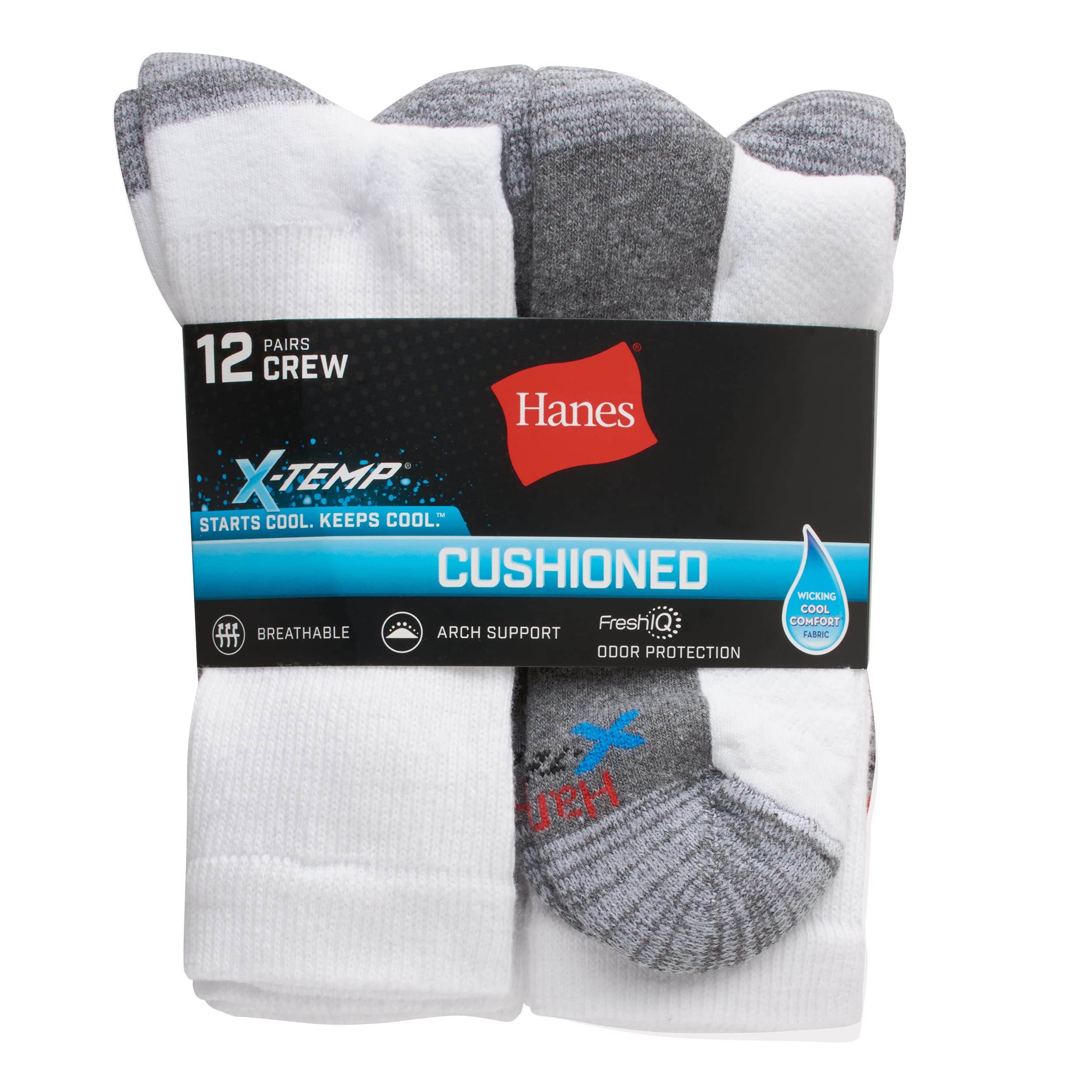 Hanes Men's, X-Temp Cushioned Crew Socks, 12-Pack, White-12 Pack, 12-14