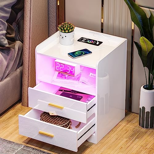 HNEBC Night Stand with Charging Station,LED Nightstand with Body Sensor Function, Smart Nightstand has RGB Lights Mode,Bedside Table with Drawers,Side Table for Bedroom/Living Room (White)