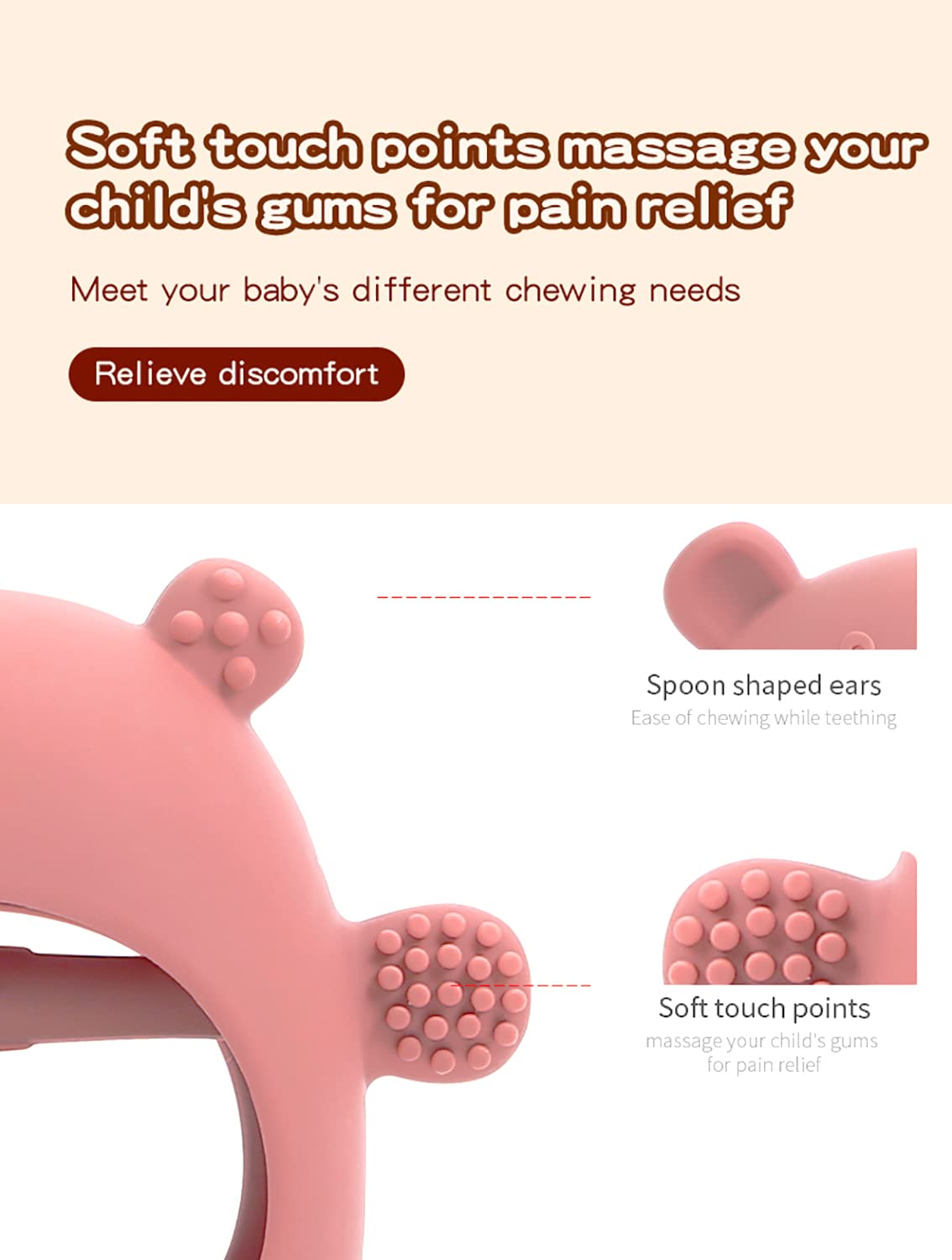 Baby Teething Toys, Foxin Bear Never Drop Silicone Teething Toys for Babies 6-12 Months,Infant Wrist Hand Baby Teether Pacifiers, Baby Chew Toys for Babies Over 3 Months Sucking Needs (Pink)