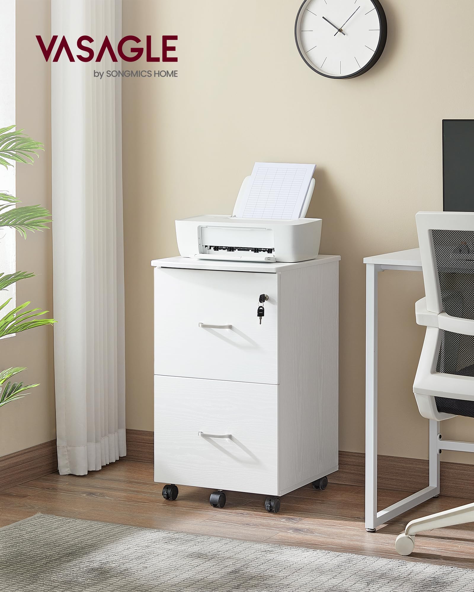 VASAGLE 2-Drawer File Cabinet, Locking Filing Cabinet for Home Office, Small Rolling File Cabinet, Printer Stand, for A4, Letter-Size, Assembly Required, Honey Brown and Ink Black ULCD027T46V2