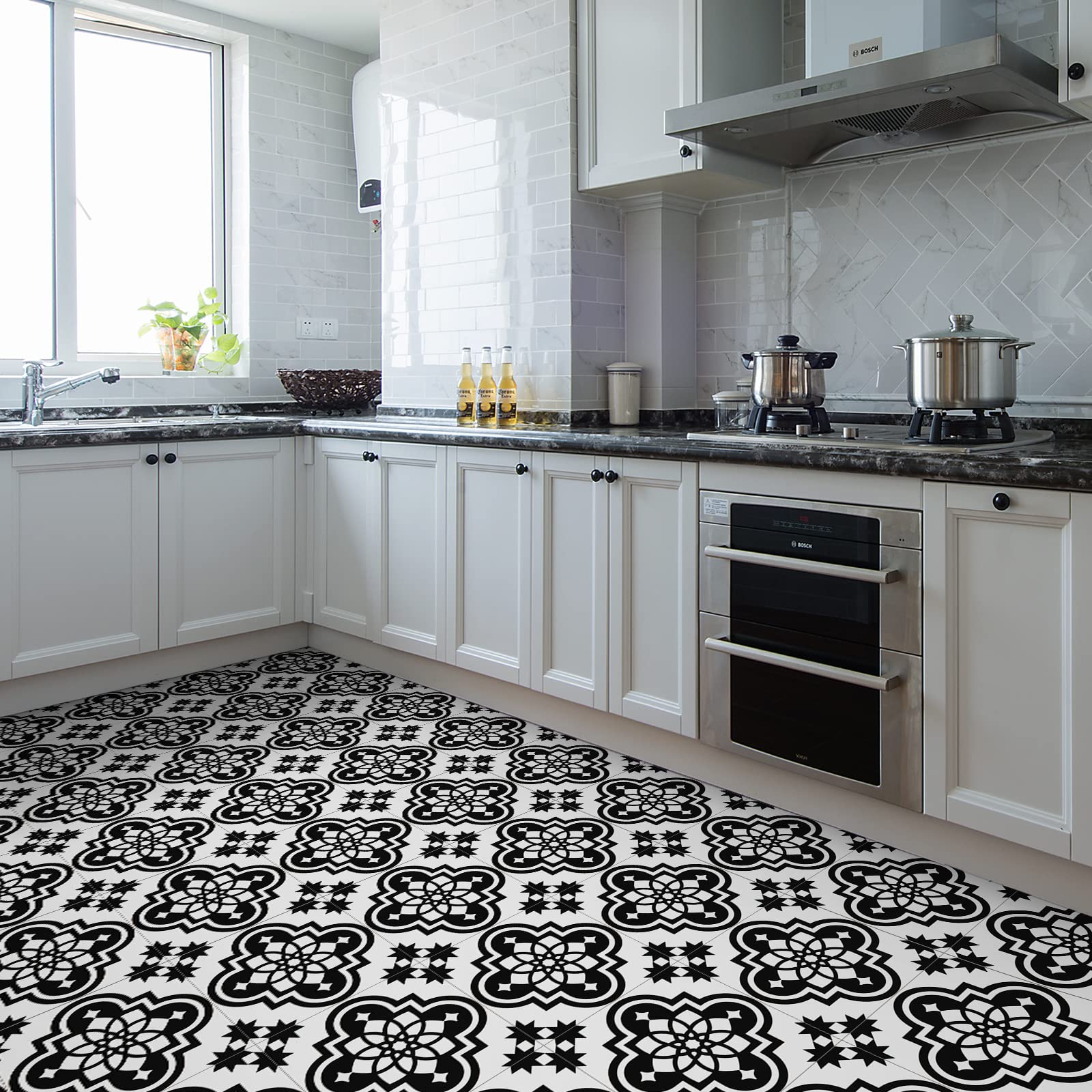 Peel and Stick Floor Tile Peel and Stick Flooring 12in ×12in Suit for Bathroom and Kitchen (Black and White, 10 Pcs)…