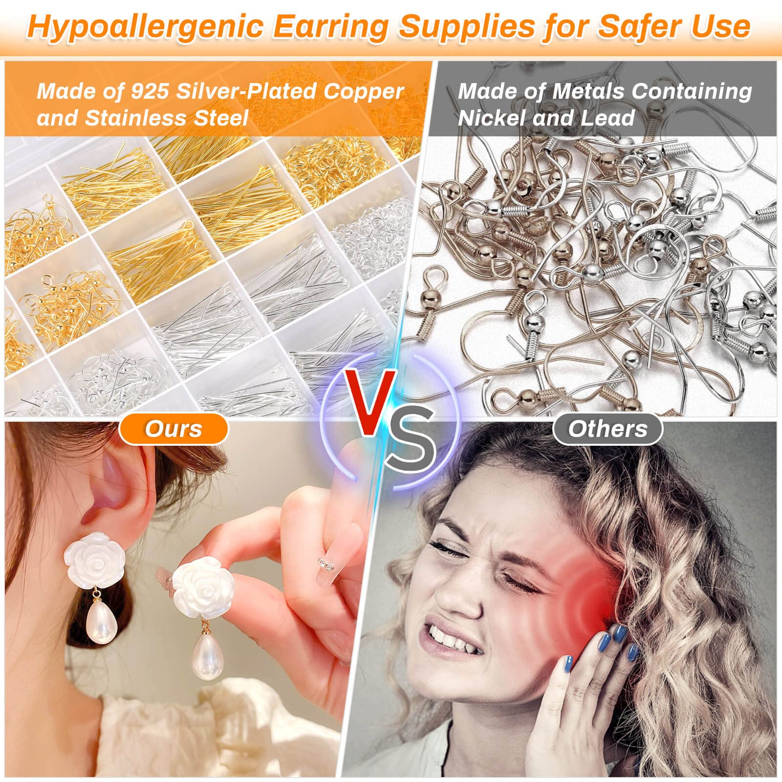 Modacraft 2000Pcs Earring Making Supplies Kit - Hypoallergenic, Includes Hooks, Findings, Posts, Backs, Pins, Jump Rings for Jewelry Making