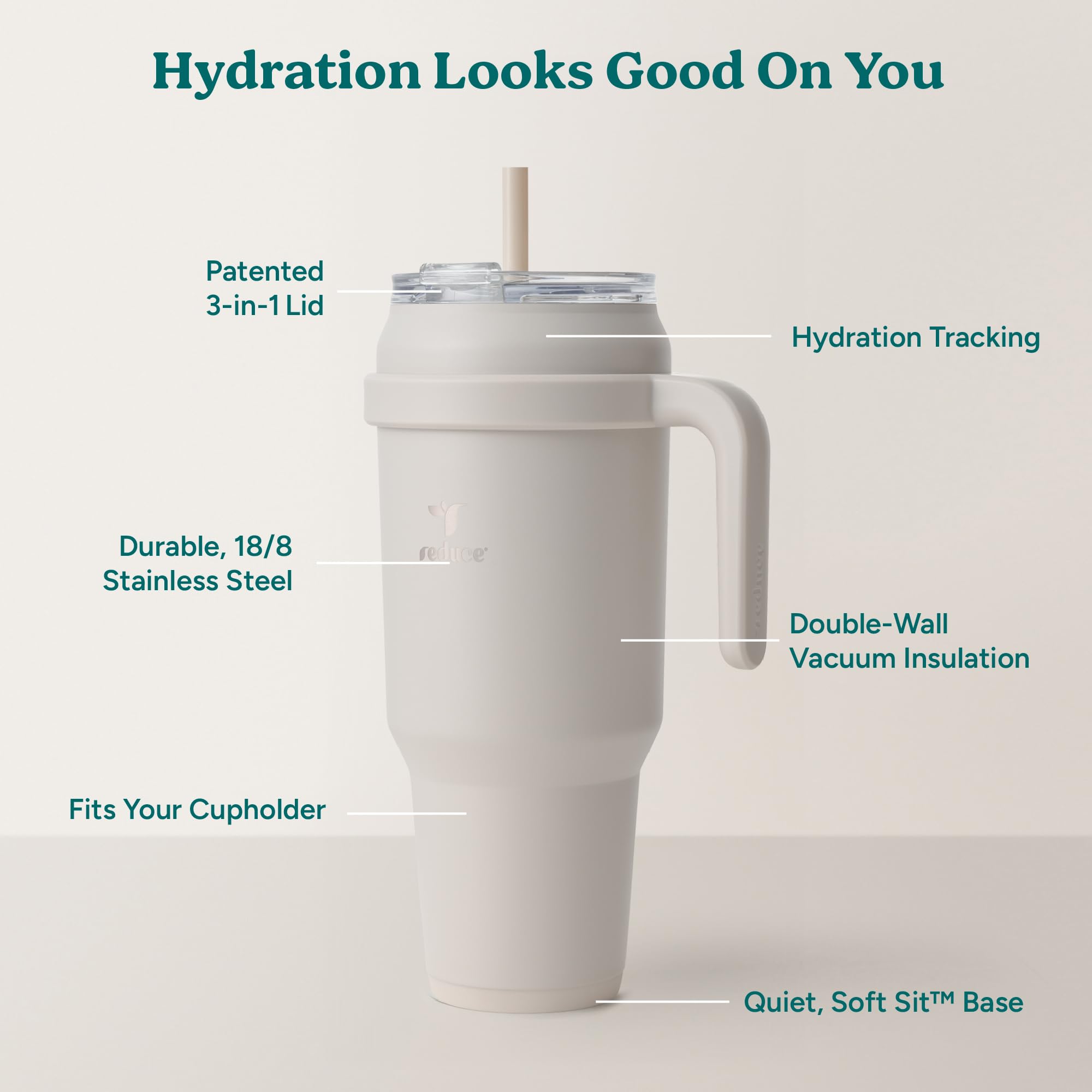 REDUCE Reusable 50 oz Cold1 Water Tumbler – Ergonomic Handle – Double-Wall Insulation – Sturdy Desktop/Tabletop Mug with Lid and Straw – BPA-Free – Stainless Steel for Gym, Home, Office – Casa Blanca