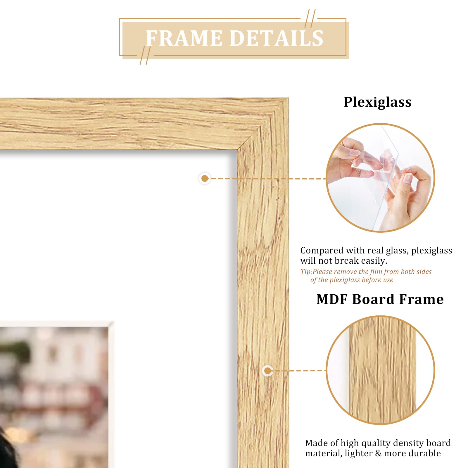 11x14 Picture Frame Set of 2, Natural Wood Photo Frame Display Pictures 8x10 with Mat or Two 5x7 with Mat & 11x14 Without Mat with Plexiglass for High Definition Wall Mounting Horizontal or Vertical