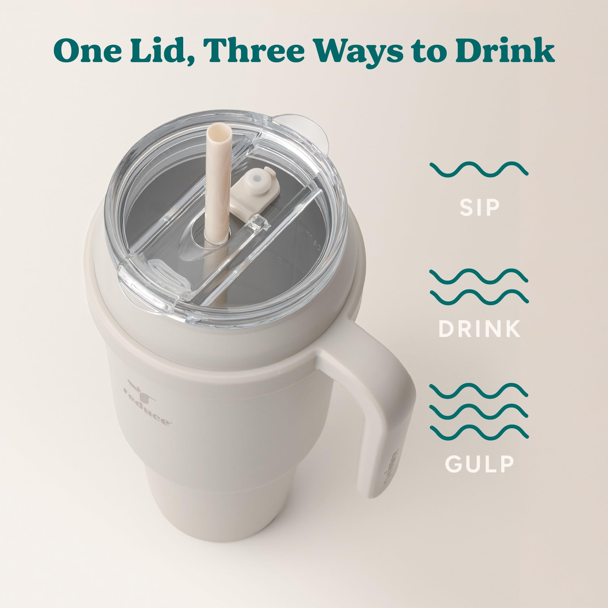 REDUCE Reusable 50 oz Cold1 Water Tumbler – Ergonomic Handle – Double-Wall Insulation – Sturdy Desktop/Tabletop Mug with Lid and Straw – BPA-Free – Stainless Steel for Gym, Home, Office – Casa Blanca