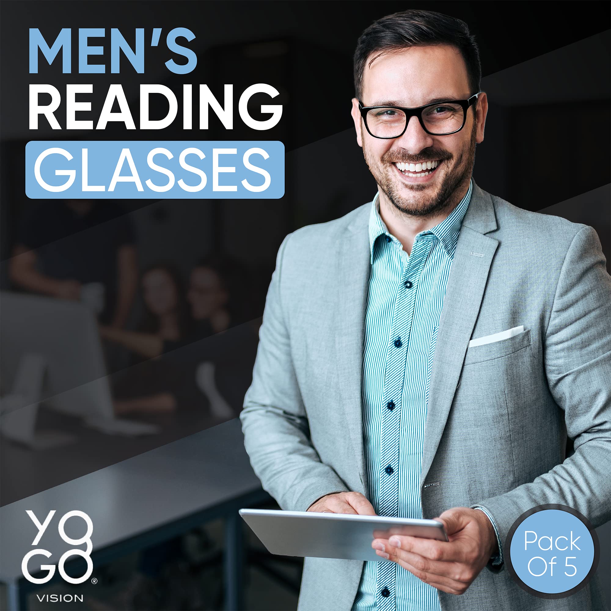 Yogo Vision Reading Glasses Men Women Readers Lightweight Eyeglasses Standard Fit Rectangle Style Anti Glare Filter 5 Pairs Black 2