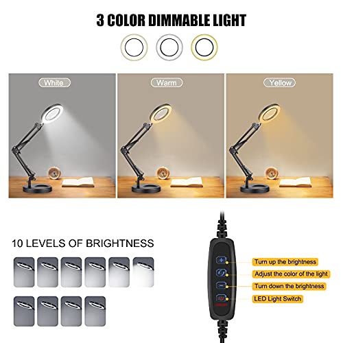 Magnifying Desk Lamp with Clamp, Toolour 2-in-1 3 Color Modes Lighted 5X Magnifying Glass with Light and Stand, 4.13'' Glass Lens, 72 PCS LED Lights for Hobbyists, Jewelers, Sewing, Close Work Craft