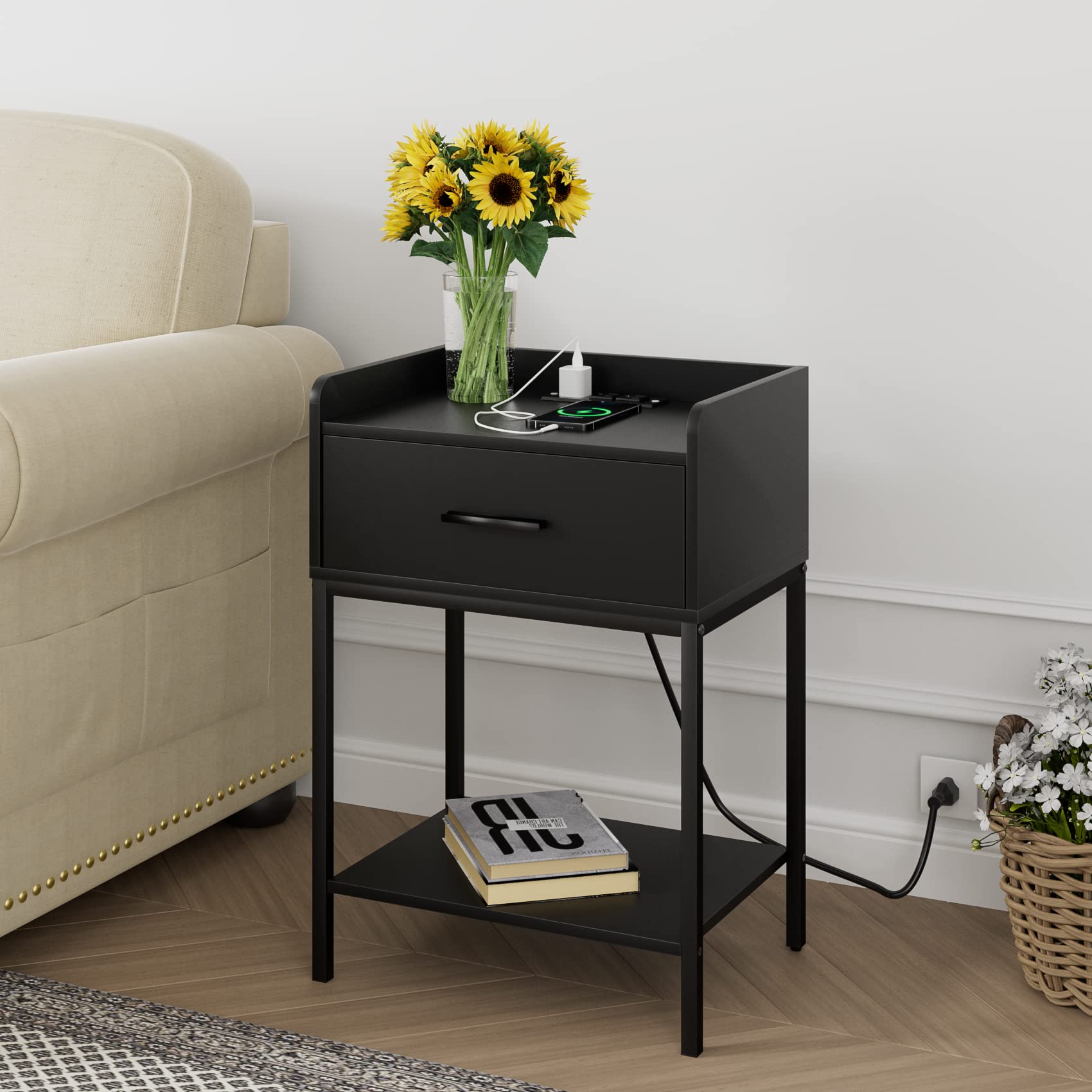 Masupu Nightstand with Charging Station,3-Tier Modern Bedside Night Stand with Storage Drawer and Shelf,Small End Side Table for Bedroom,Living Room,Black