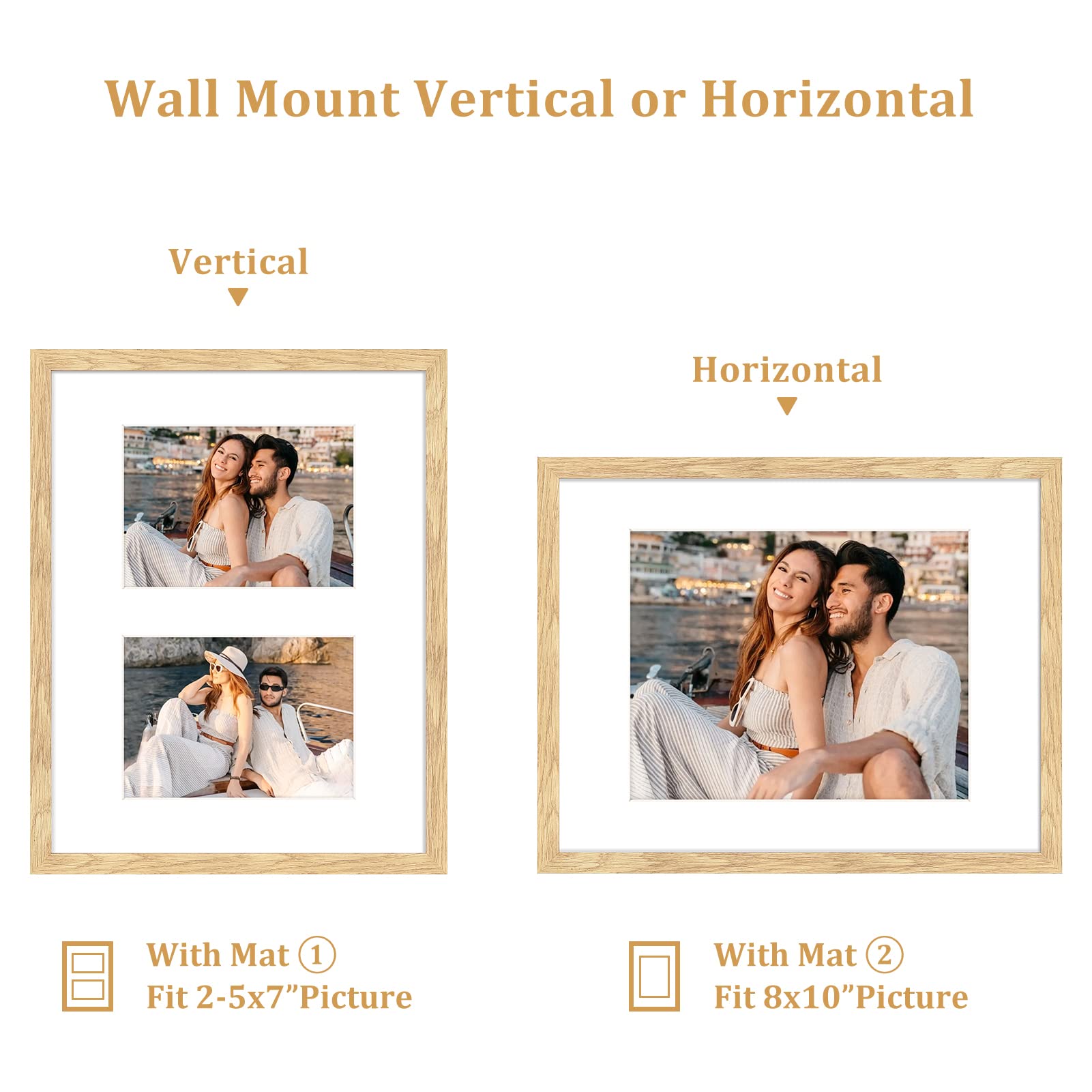 11x14 Picture Frame Set of 2, Natural Wood Photo Frame Display Pictures 8x10 with Mat or Two 5x7 with Mat & 11x14 Without Mat with Plexiglass for High Definition Wall Mounting Horizontal or Vertical
