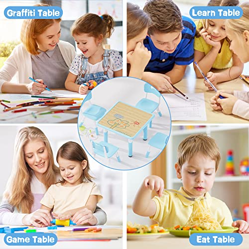 Brelley Toddler Table and Chairs Set for 4,Kids Study Table and Chair Set, Height-Adjustable, Graffiti Desktop, Children Activity Table for Daycare, Classroom, Home