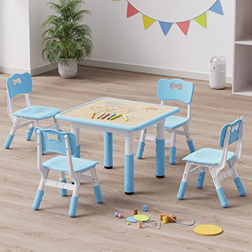 Brelley Toddler Table and Chairs Set for 4,Kids Study Table and Chair Set, Height-Adjustable, Graffiti Desktop, Children Activity Table for Daycare, Classroom, Home