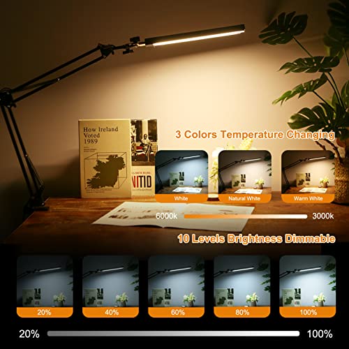 Neoglint Desk Lamps for Home Office Double Head - Modern Swing Arm Table Lamps with Clamp, 24W Large Bright Architect Desk Lights, 3 Color 10 Brightness & Memory Function Adjustable Task Lamp