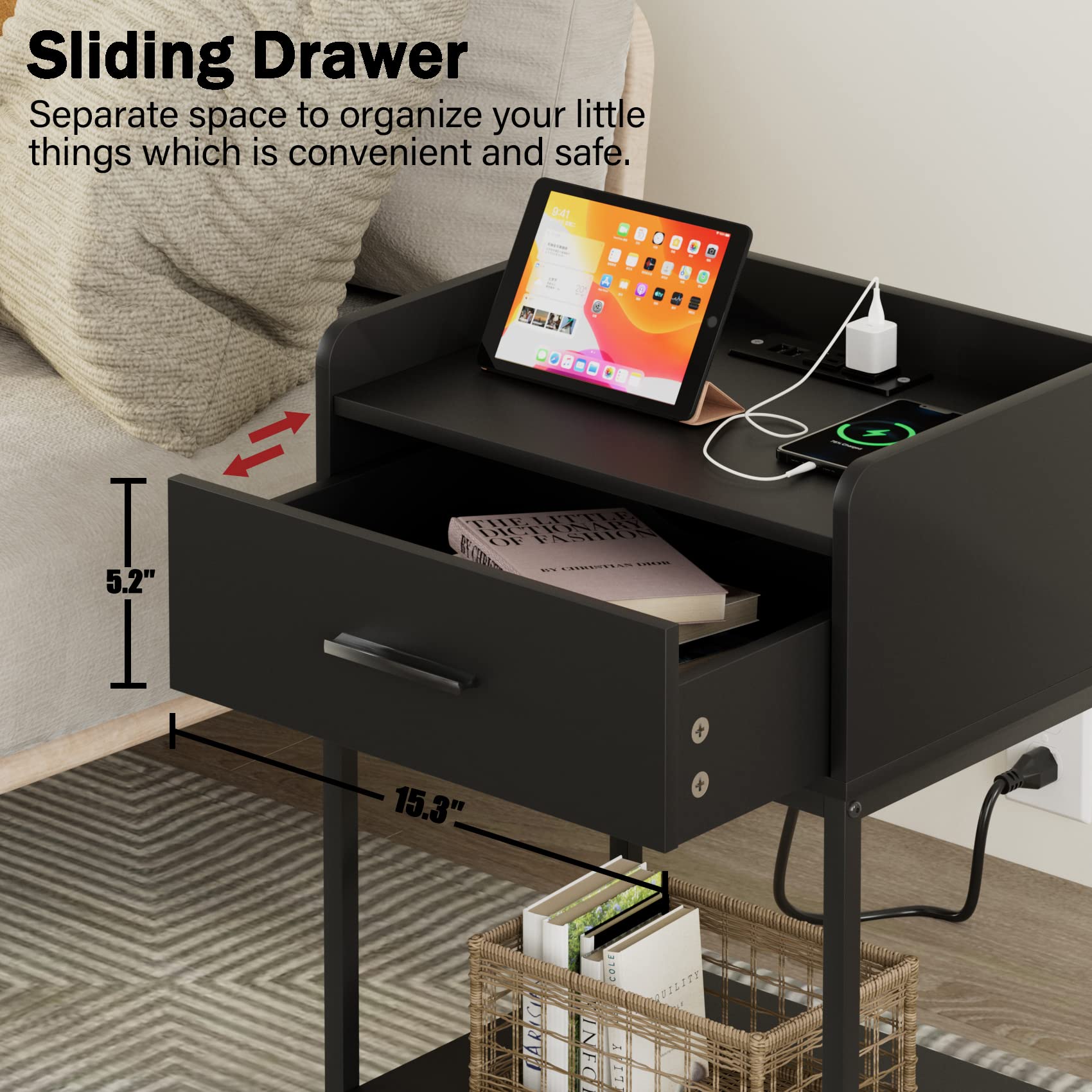 Masupu Nightstand with Charging Station,3-Tier Modern Bedside Night Stand with Storage Drawer and Shelf,Small End Side Table for Bedroom,Living Room,Black