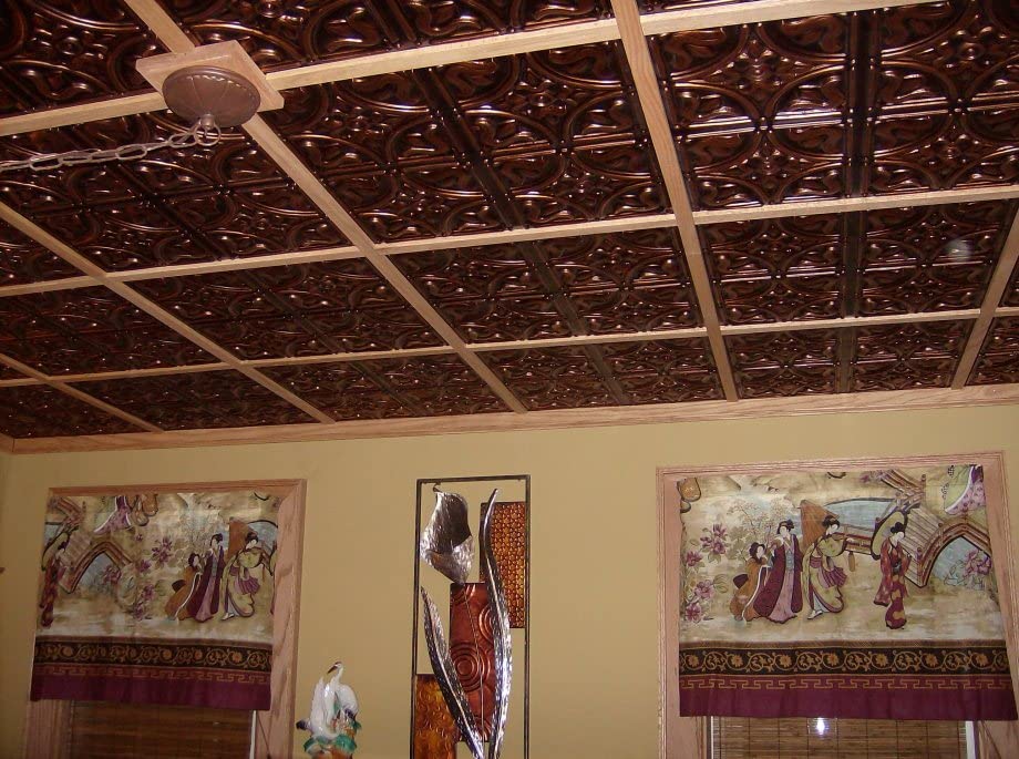Faux Tin Glue Up Ceiling tile #148 Antique Copper pack of 10 2'X2' tiles (~ 40 sq.ft). Easy to install decorative ceiling tiles. Gorgeous antique look PVC tiles. Great as a backdrop.