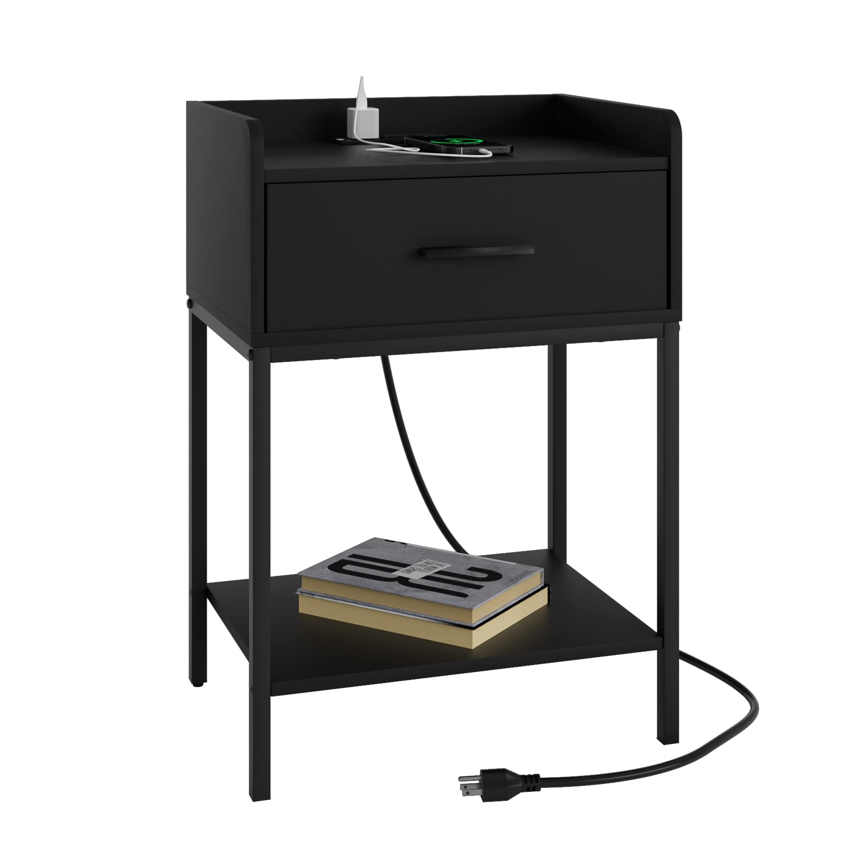 Masupu Nightstand with Charging Station,3-Tier Modern Bedside Night Stand with Storage Drawer and Shelf,Small End Side Table for Bedroom,Living Room,Black