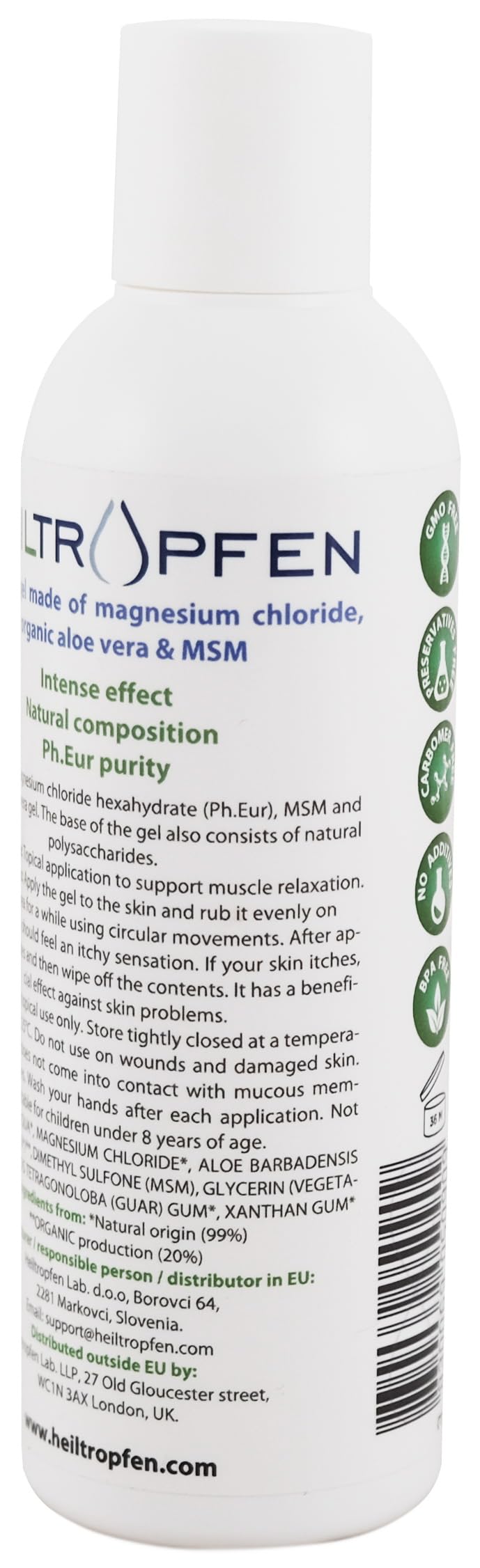 Magnesium Gel with Aloe Vera & MSM | 6.76 Oz - 200 ml | Pure Magnesium Chloride | Organic Aloe Vera | Heiltropfen®