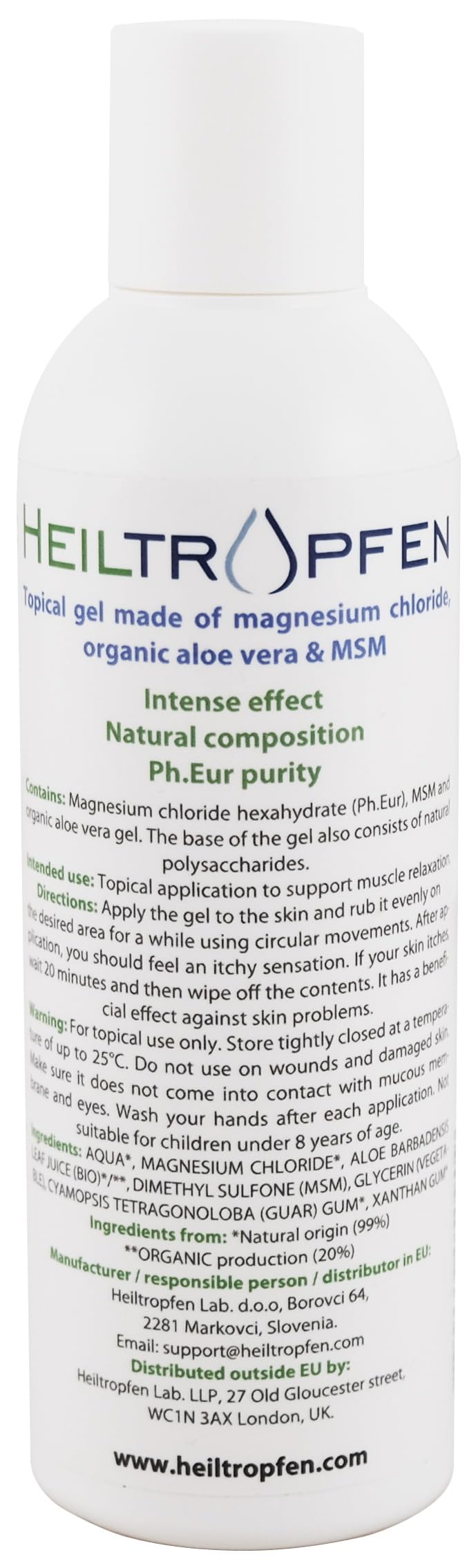 Magnesium Gel with Aloe Vera & MSM | 6.76 Oz - 200 ml | Pure Magnesium Chloride | Organic Aloe Vera | Heiltropfen®