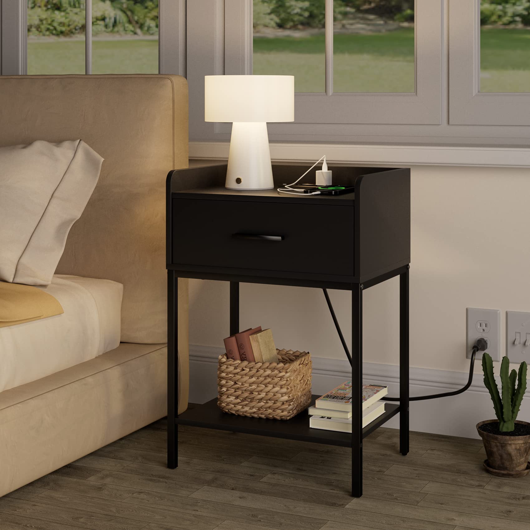 Masupu Nightstand with Charging Station,3-Tier Modern Bedside Night Stand with Storage Drawer and Shelf,Small End Side Table for Bedroom,Living Room,Black