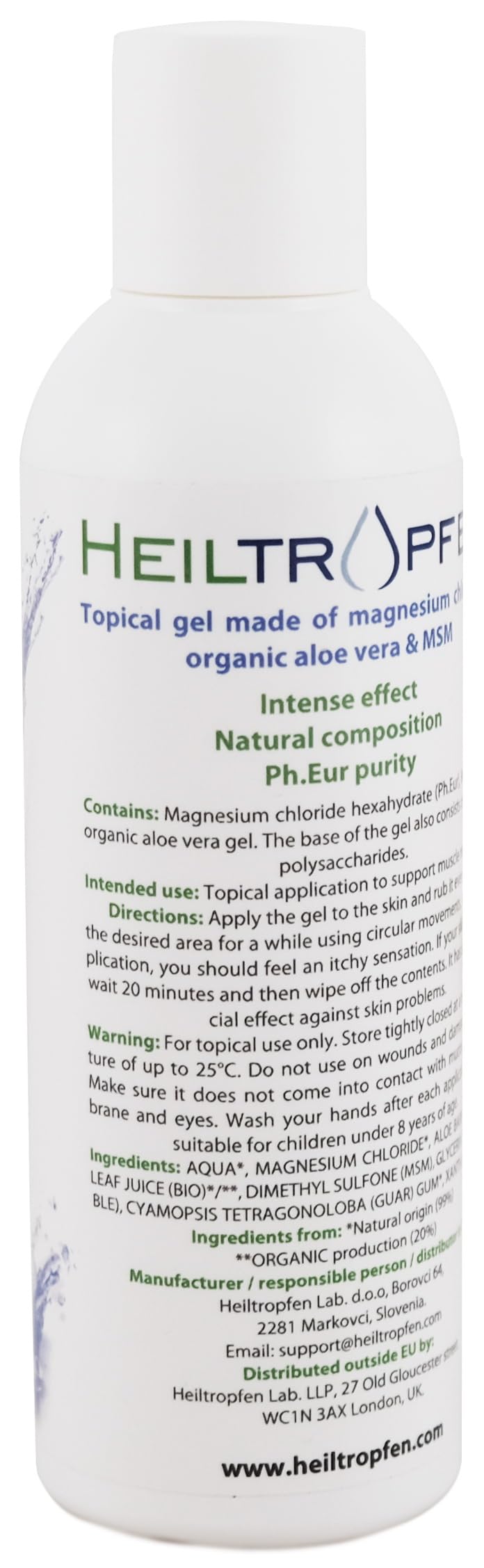 Magnesium Gel with Aloe Vera & MSM | 6.76 Oz - 200 ml | Pure Magnesium Chloride | Organic Aloe Vera | Heiltropfen®