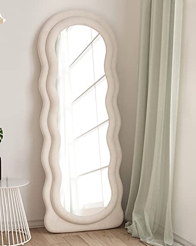ITSRG Wavy Wall Mounted Mirror with Flannel Wrapped Wooden Frame and Stand - Full Length (White)