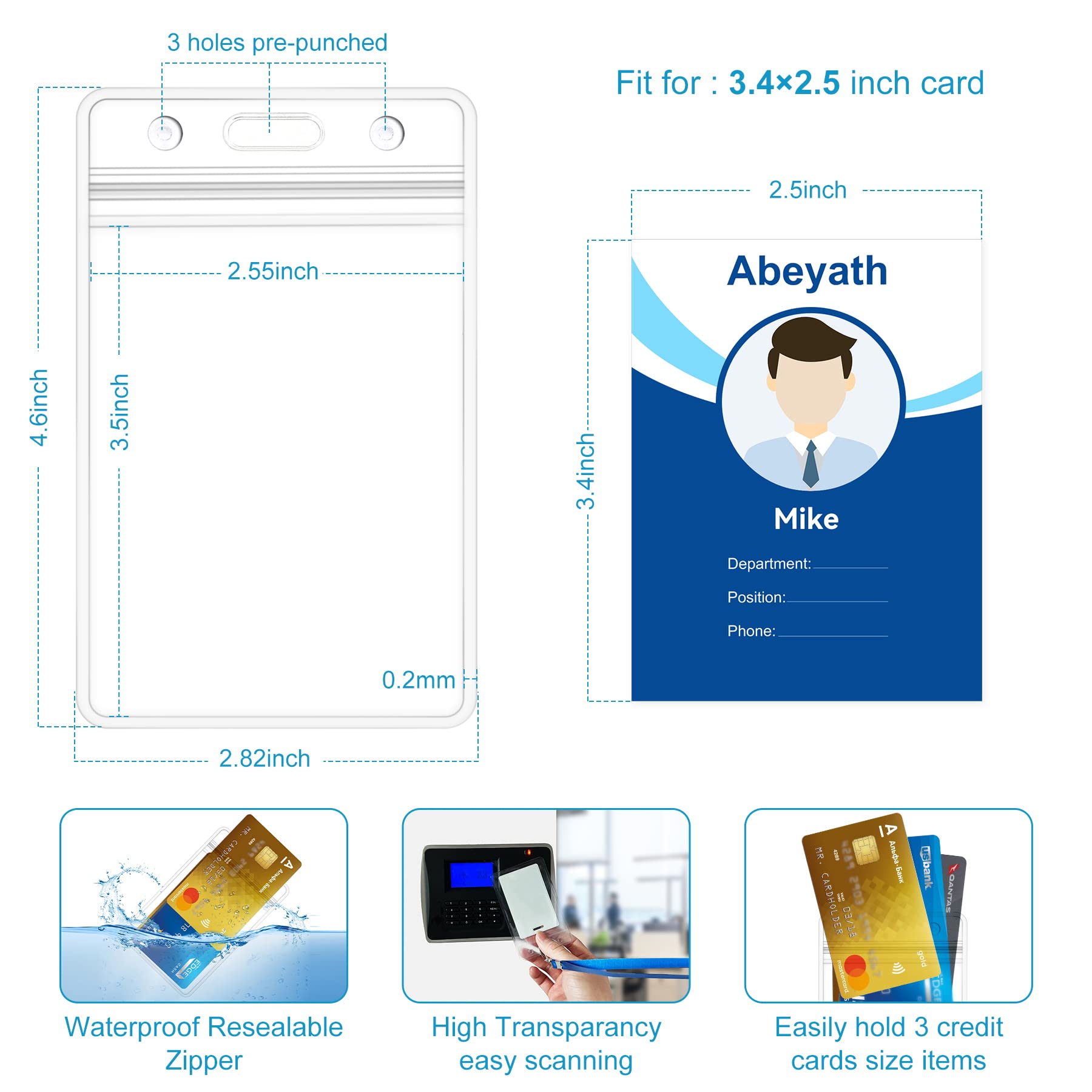 Abeyath 200 Pack Extra Thick ID Badge Holder Vertical Clear ID Card Holder with Waterproof Resealable Zip Name Tag Holder for Nurses, ​School and Office（ 2.25x2.5Inch）
