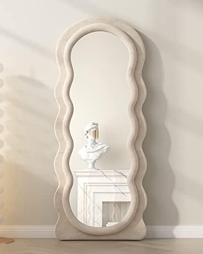 ITSRG Wavy Wall Mounted Mirror with Flannel Wrapped Wooden Frame and Stand - Full Length (White)