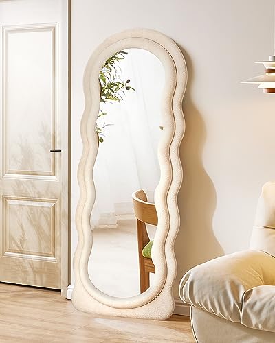 ITSRG Wavy Wall Mounted Mirror with Flannel Wrapped Wooden Frame and Stand - Full Length (White)