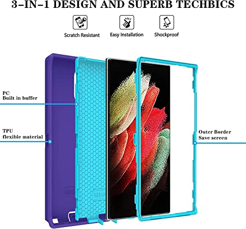 Qinmay Phone Case for Samsung Galaxy S23 Ultra Case with HD Screen Protector, Heavy Duty Shockproof & Dropproof 3-Layer Cover Phone Case for Galaxy S23 Ultra (Purple)