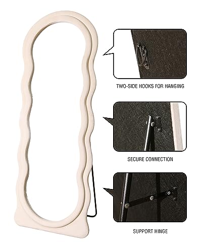 ITSRG Wavy Wall Mounted Mirror with Flannel Wrapped Wooden Frame and Stand - Full Length (White)