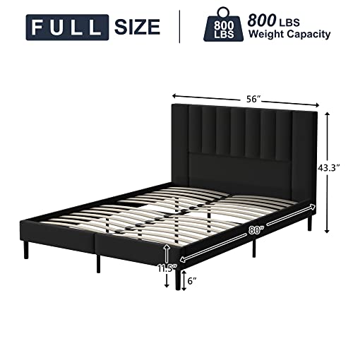 Flolinda Full Size Platform Bed Frame with Velvet Upholstered Headboard and Wooden Slats Support, Fully Upholstered Mattress Foundation/No Box Spring Needed/Easy Assembly, Black