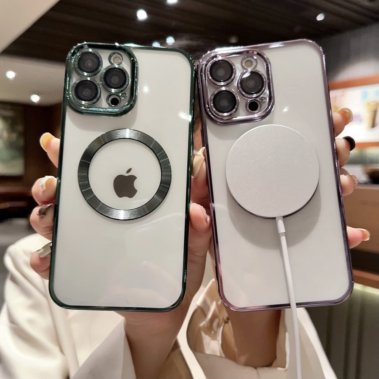 Uioeua Compatible with iPhone 13 Pro Max Magnetic Clear Case,Luxury Plating Bling Transparent Shockproof MagSafe Case with Full Camera Lens Protector for iPhone 13 Pro Max Women Girl Men-Green