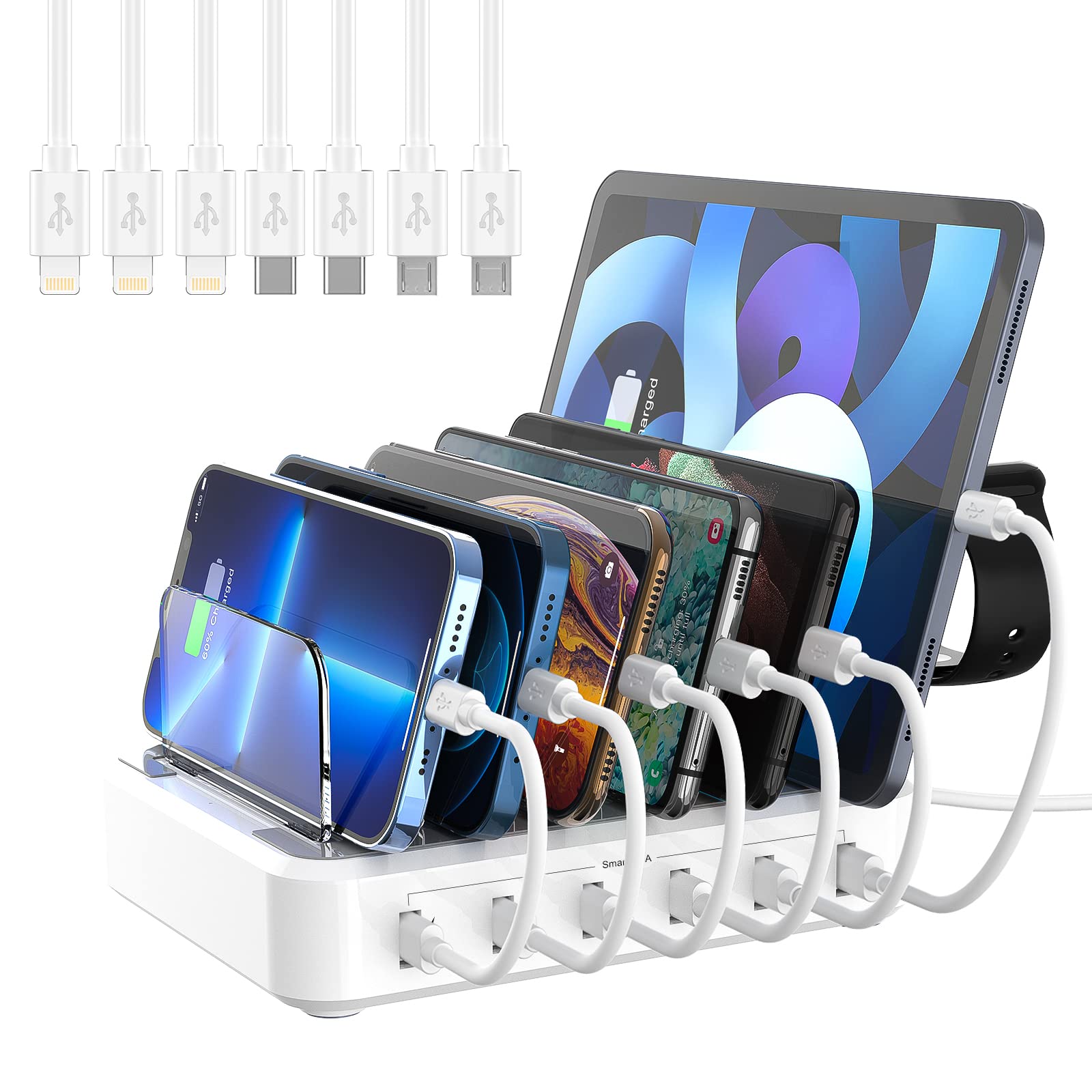 Charging Station for Multiple Devices,60W 12A 6 Port USB Charging Dock Station with 7 Mixed Cables and iwatch Charger Holder,Compatible with Cellphone,Tablet,iPhone iPad and More