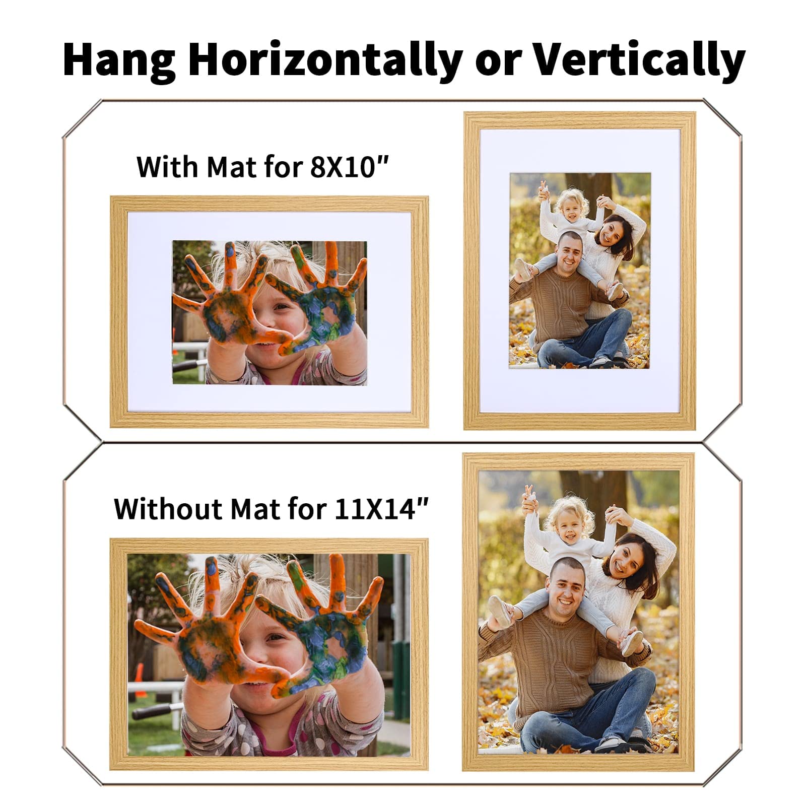 SEEDLING PHOTO FRAME 11x14 Picture Frame Set of 4, Display Pictures 8x10 with Mat or 11x14 Without mat,Wall Natural Wood Picture Frames 11x14(Natural Wood)