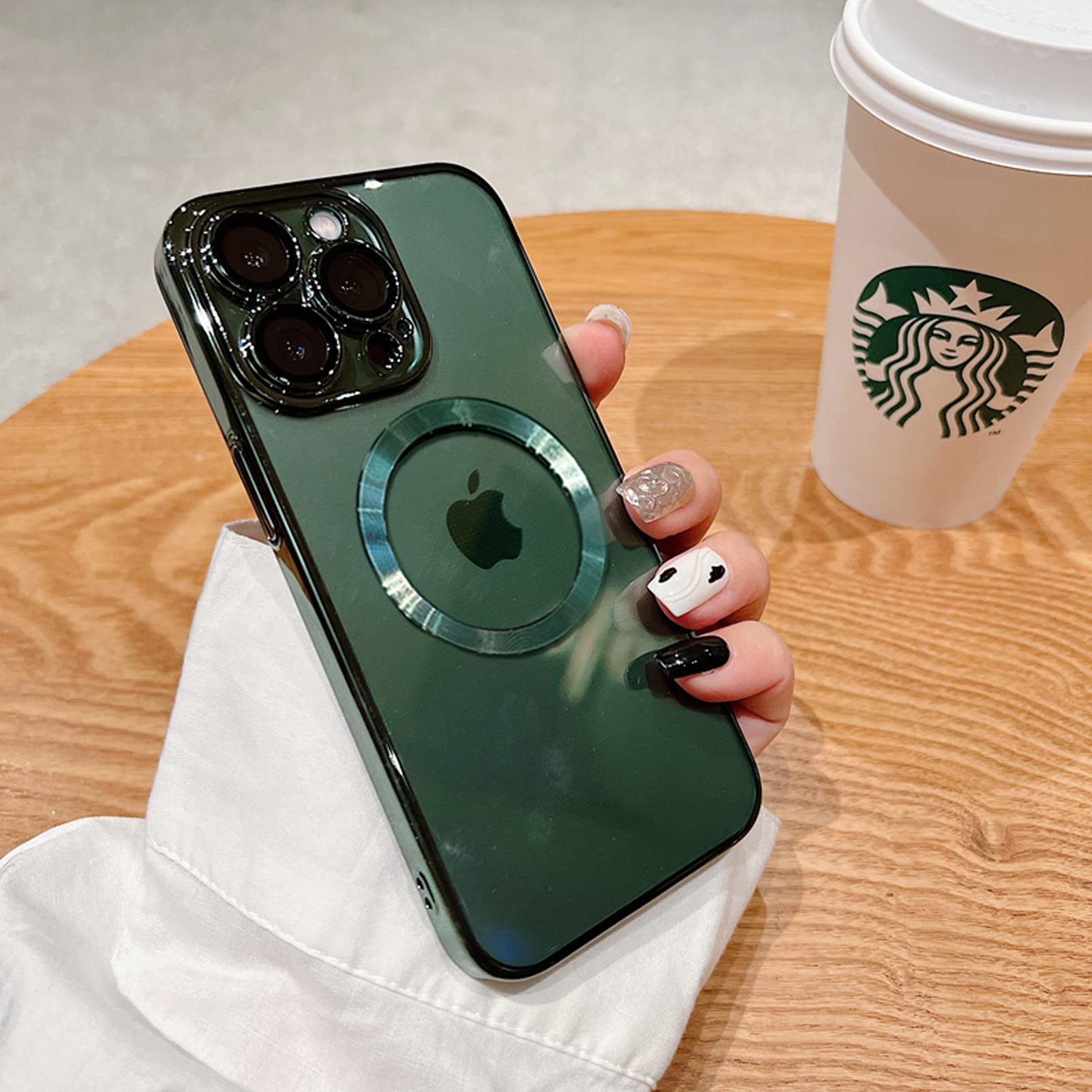 Uioeua Compatible with iPhone 13 Pro Max Magnetic Clear Case,Luxury Plating Bling Transparent Shockproof MagSafe Case with Full Camera Lens Protector for iPhone 13 Pro Max Women Girl Men-Green