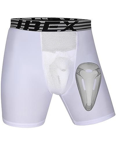 Ibex Athletic Youth Compression Shorts with Protective Cup - Youth Cup Underwear with Cup, Boys Compression Shorts - Y Small White