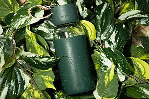 Boukali 400ML Glass Water Bottle With Magnetic Leather Strap/Silicone Sleeve/Leak Proof BPA Free (Green)