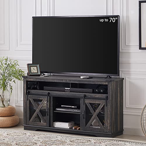 Okvnbjk TV Stand for 65+ Inch TV, Industrial & Farmhouse Entertainment Center with Sliding Barn Door, Rustic TV Console with Storage Shelves, Wood Television Stands for Living Room, Dark Oak