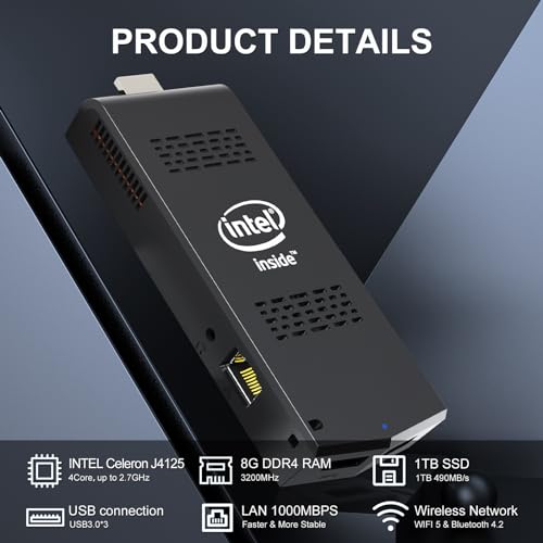 AIOEXPC Mini PC Stick Intel Celeron J4125 Windows 11 Pro 8GB DDR4 1TB SSD Compute Stick Support 4K HD, Gigabit Ethernet, 2.4G+5.0G Dual Band Wi-Fi, USB 3.0 Port, Bluetooh 4.2