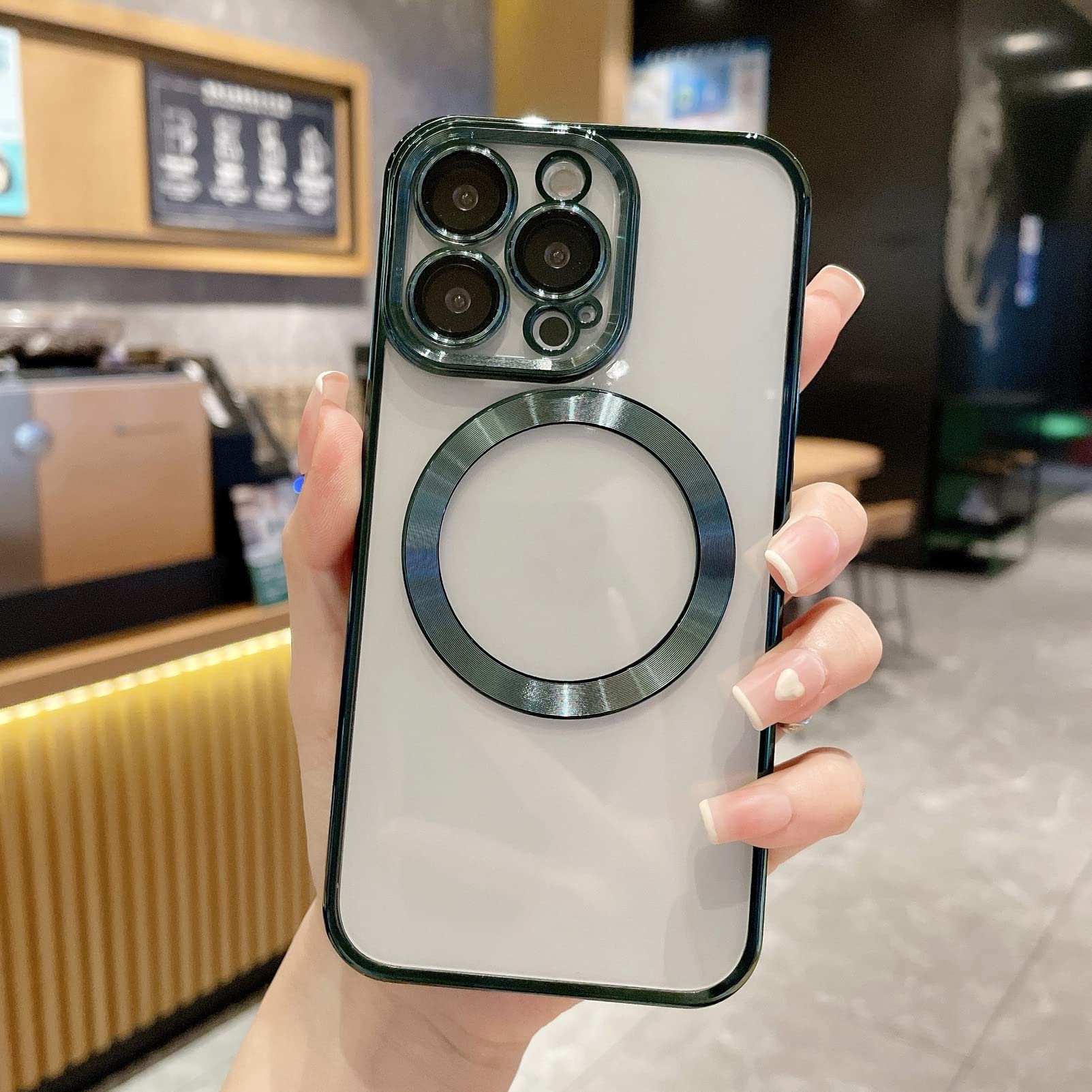 Uioeua Compatible with iPhone 13 Pro Max Magnetic Clear Case,Luxury Plating Bling Transparent Shockproof MagSafe Case with Full Camera Lens Protector for iPhone 13 Pro Max Women Girl Men-Green
