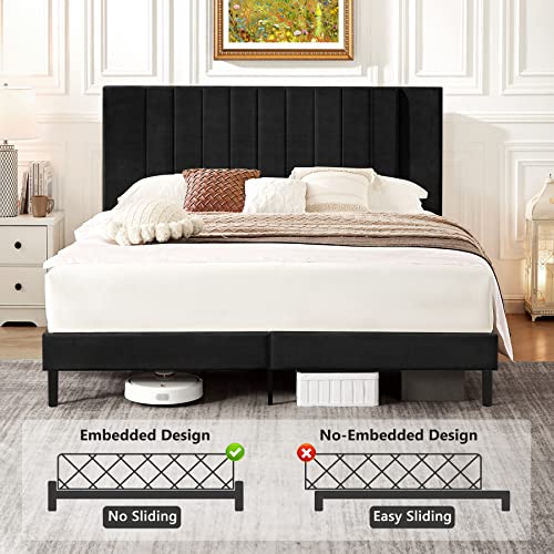 Flolinda Full Size Platform Bed Frame with Velvet Upholstered Headboard and Wooden Slats Support, Fully Upholstered Mattress Foundation/No Box Spring Needed/Easy Assembly, Black