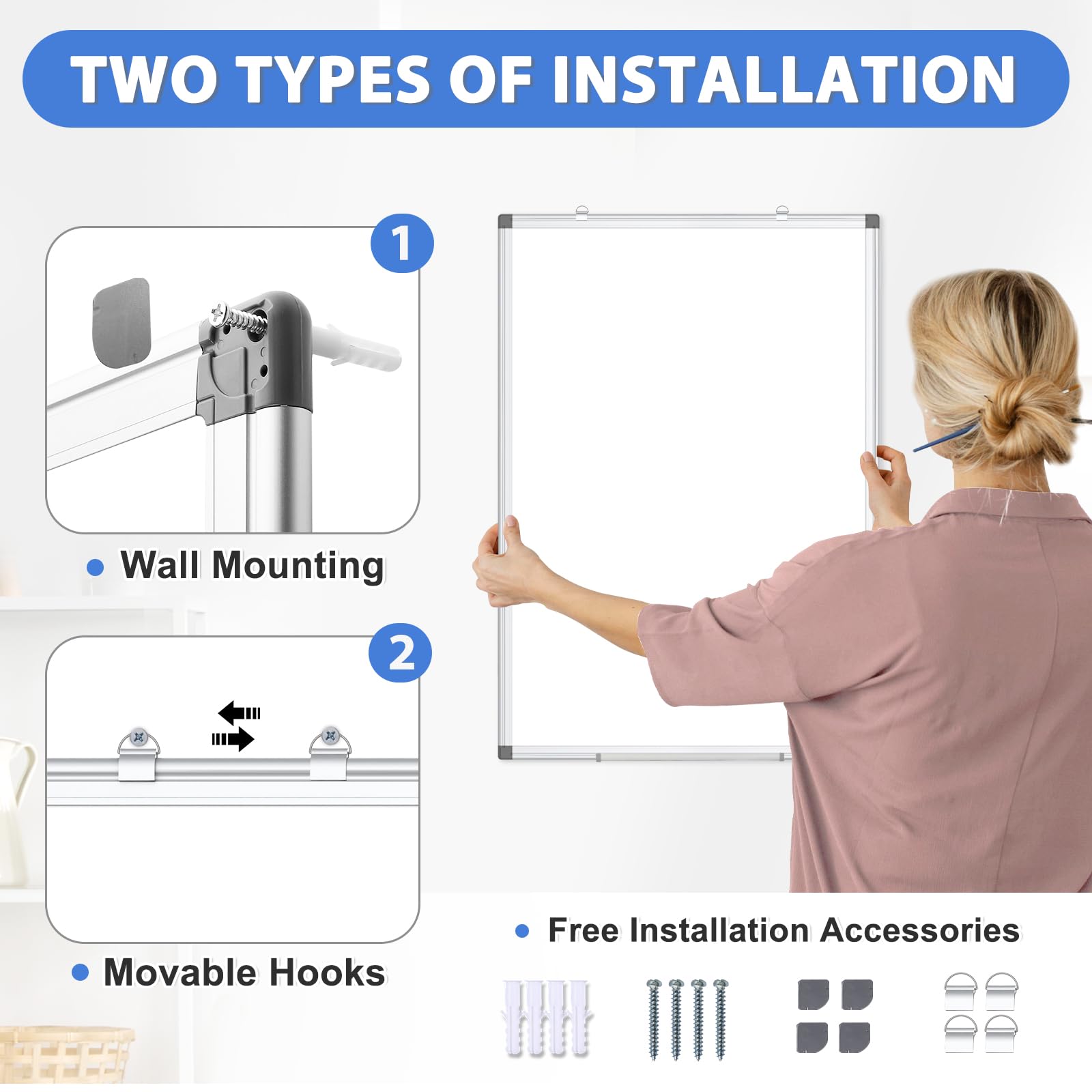 WALGLASS Magnetic White Board, 36" x 24" Double-Sides Dry Erase White Board for Wall, Hanging or Mounted Whiteboard, Horizontal or Vertical, Silver Aluminium Frame, Home, School, Office, Kitchen