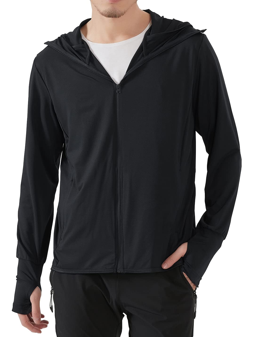 Locachy Men's UPF 50+ Sun Protection Outdoor Lightweight Full Zip Hoodie Jacket Long Sleeve Fishing Hiking Performance Shirt Black XXL
