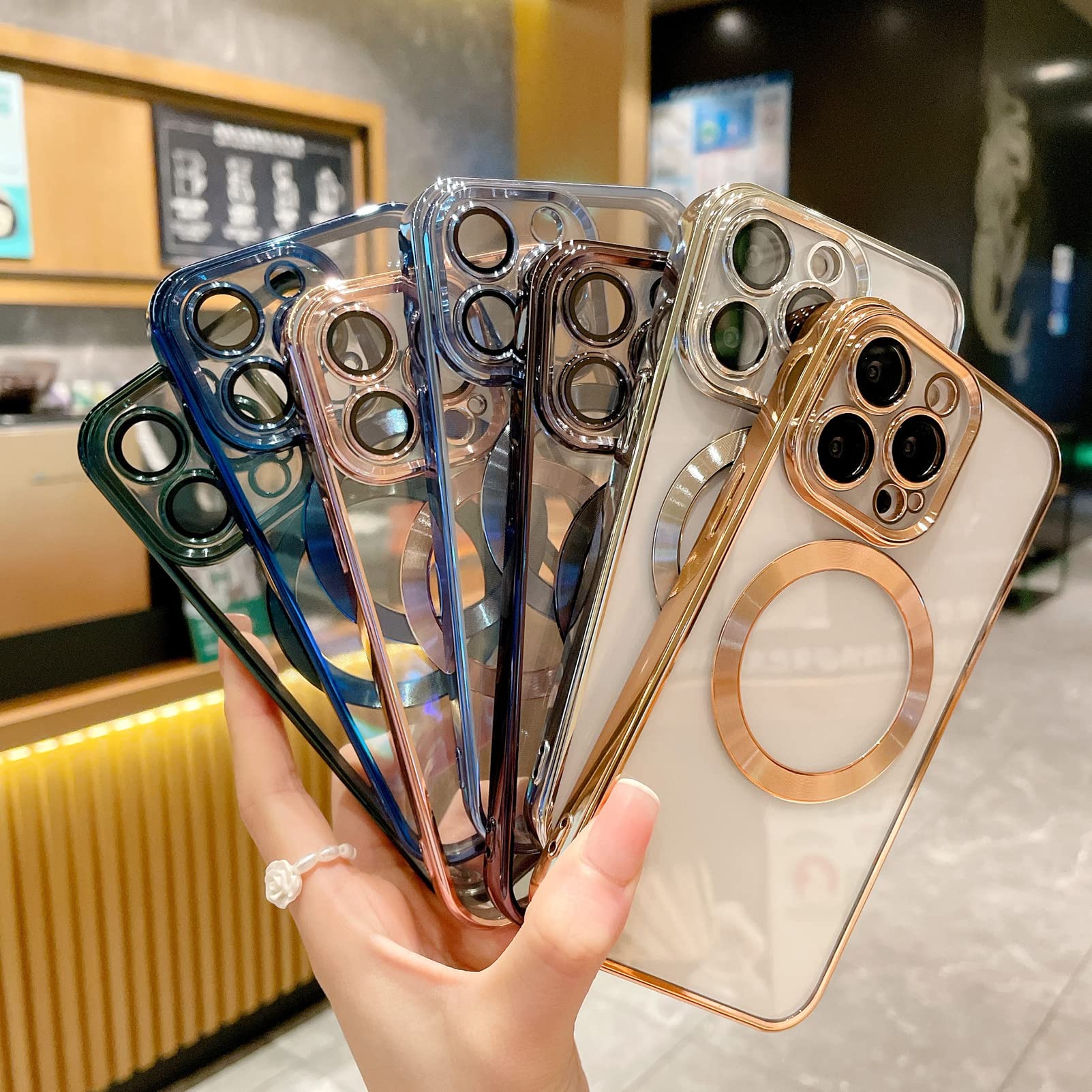 Uioeua Compatible with iPhone 13 Pro Max Magnetic Clear Case,Luxury Plating Bling Transparent Shockproof MagSafe Case with Full Camera Lens Protector for iPhone 13 Pro Max Women Girl Men-Green