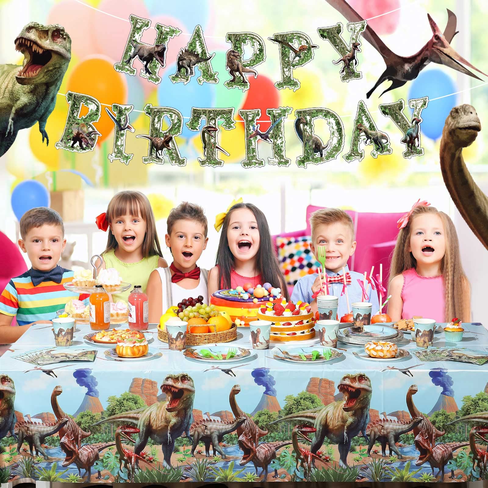 Seewey 171 Pieces Dinosaur Party Supplies Jurassic Happy Birthday Party Decorations Dinosaur Theme Birthday Tableware Tablecloth Dino Plates Napkins Cup Forks Banner for 24 Guests