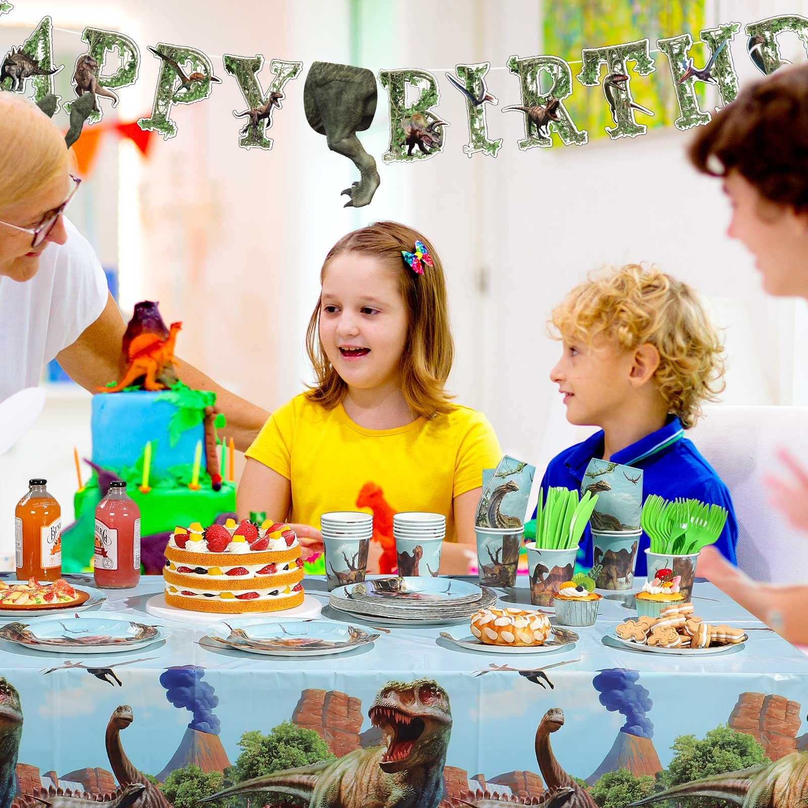 Seewey 171 Pieces Dinosaur Party Supplies Jurassic Happy Birthday Party Decorations Dinosaur Theme Birthday Tableware Tablecloth Dino Plates Napkins Cup Forks Banner for 24 Guests