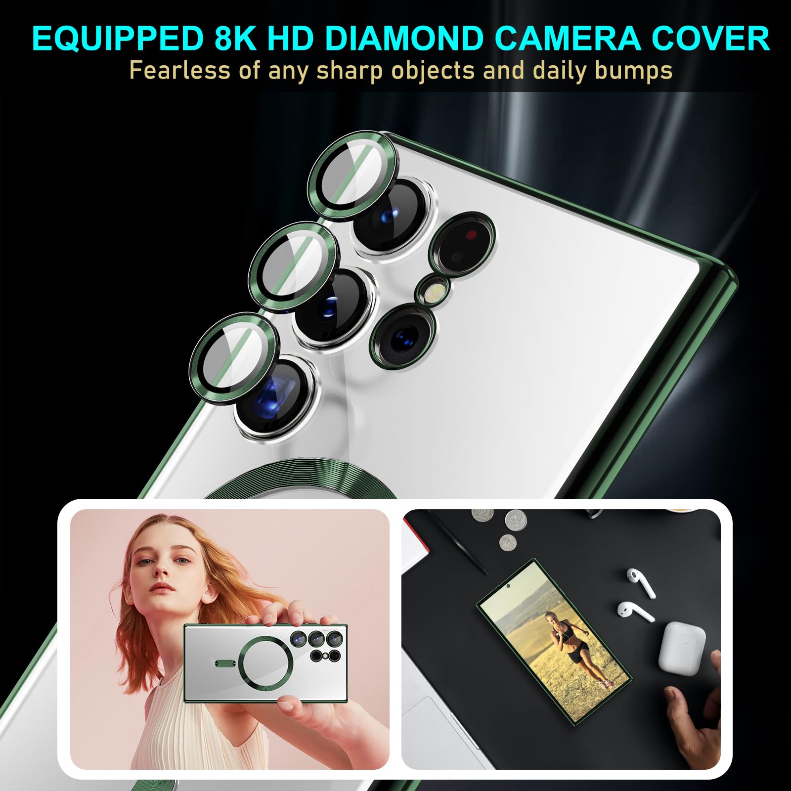 sheheme for Samsung Galaxy S23 Ultra MagSafe Case with Camera Lens Protector,Magnetic Clear Case for S23 Ultra,Full Protection Plating Anti-Scratch Slim Thin Case Cover,Green