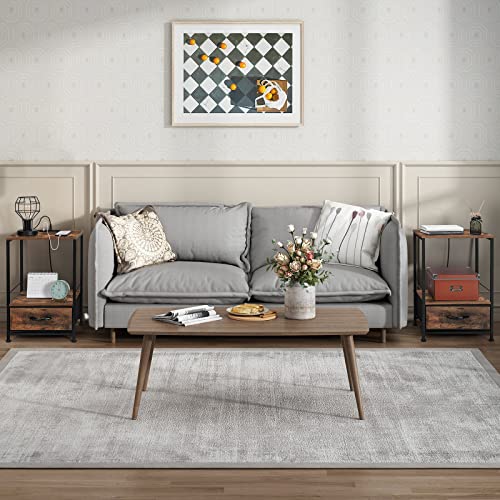 Nightstands for Bedrooms Set of 2 Night Stand with Charging Station End Side Table with Power Outlets for Living Room End Table with Drawer Storage Small Bedside Tables for Small Spaces, Rustic Brown