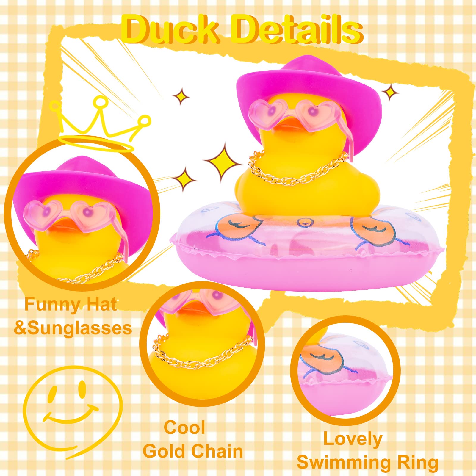 MuMyer Yellow Duck Car Ornaments Rubber Duck Car Dashboard Decorations with Mini Love Glasses Swim Ring Cowboy Hat Necklace for Car Dashboard Decoration(L1)