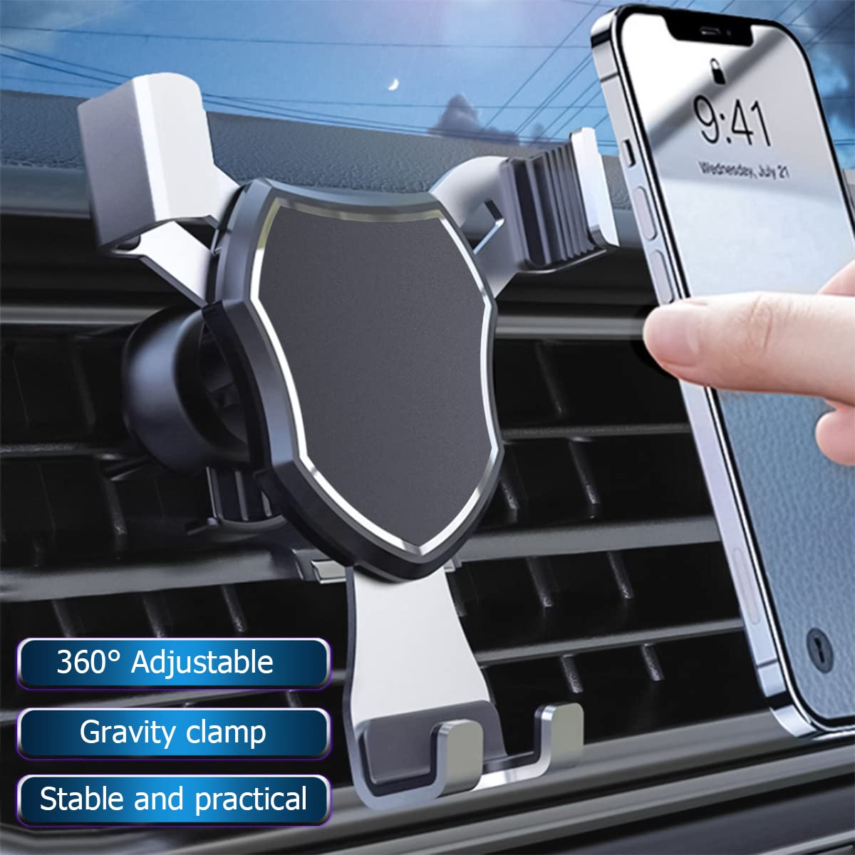AUCELI Car Phone Holder Mount, Air Vent Hands Free Clip Cradle Universal for Cellphone, Gravity Auto Lock and Thick Case Friendly, Compatible with iPhone 14 13 Pro Max S20 All Smartphones (Silver)